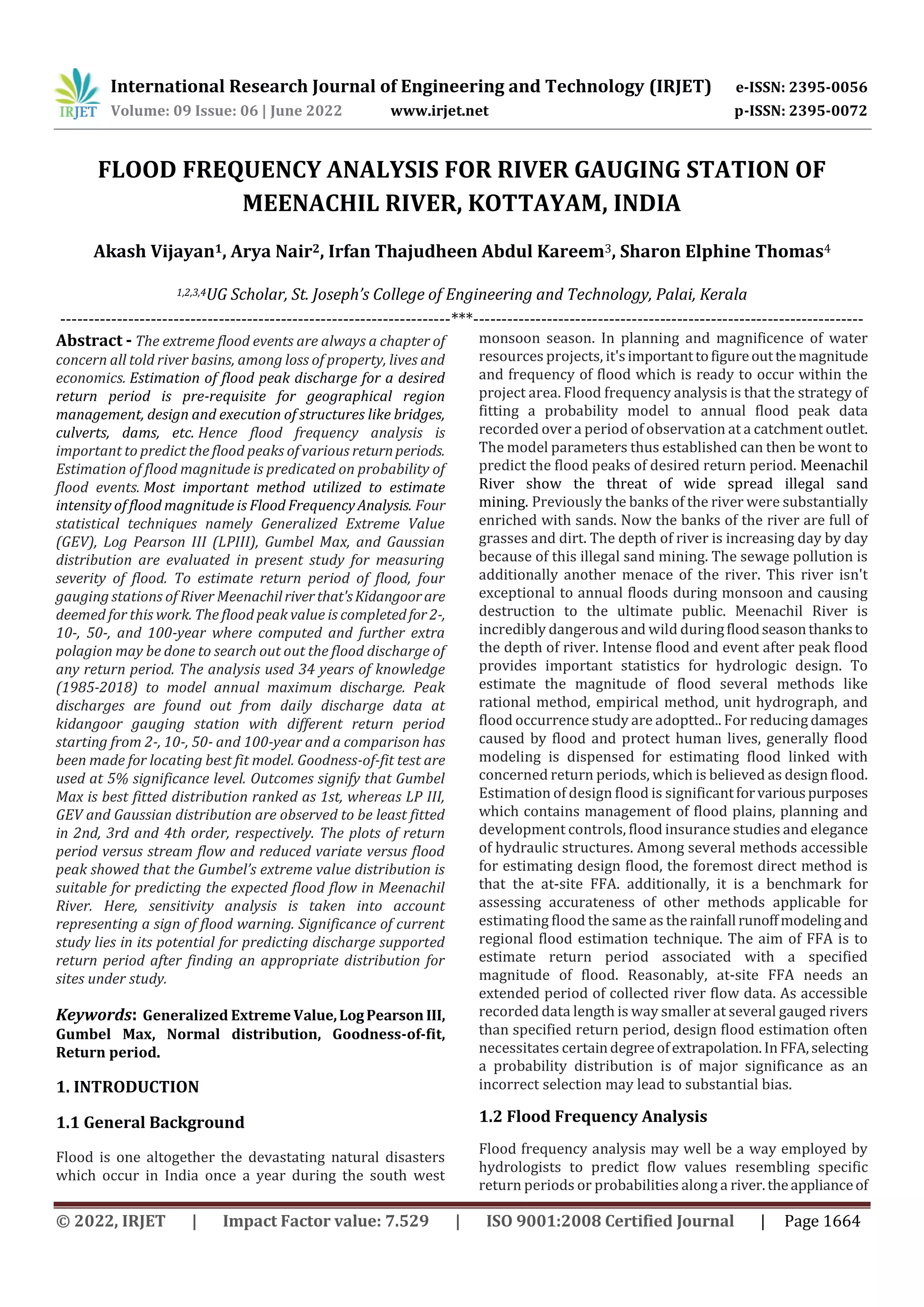 FLOOD FREQUENCY ANALYSIS FOR RIVER GAUGING STATION OF MEENACHIL RIVER, KOTTAYAM, INDIA | PDF