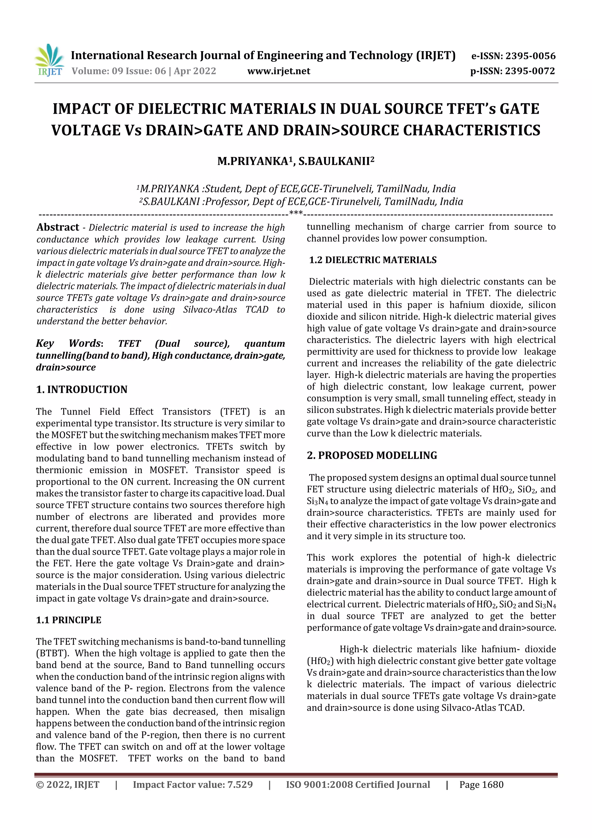 Impact Of Dielectric Materials In Dual Source Tfets Gate Voltage Vs