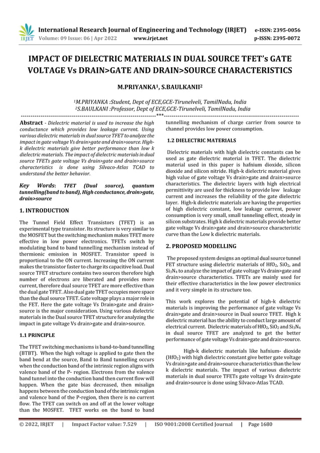 IMPACT OF DIELECTRIC MATERIALS IN DUAL SOURCE TFET’s GATE VOLTAGE Vs DRAIN>GATE AND DRAIN>SOURCE ...