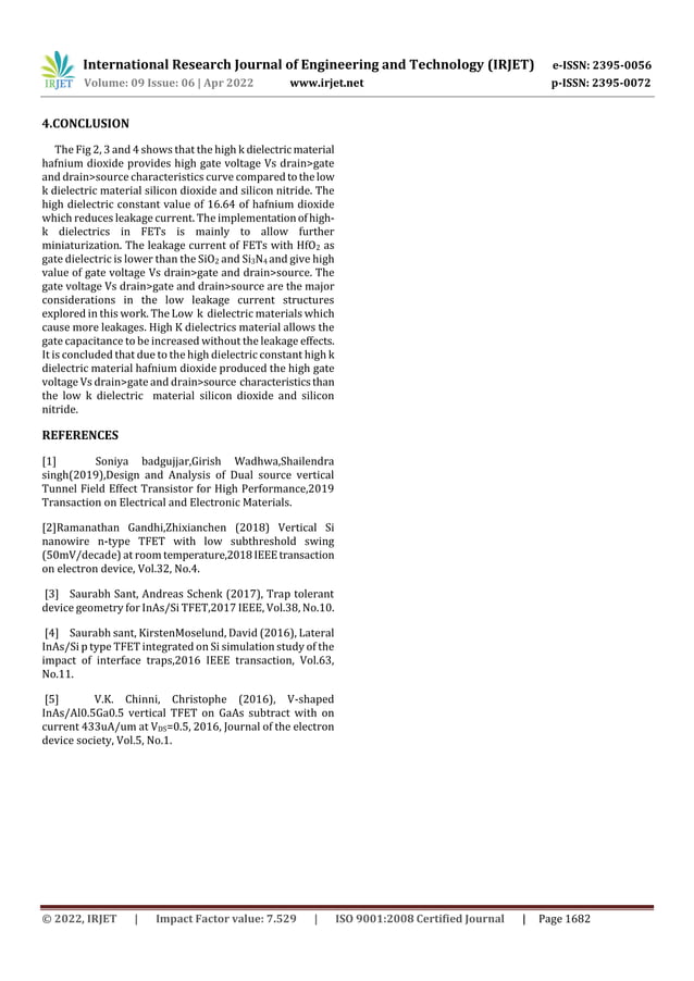 IMPACT OF DIELECTRIC MATERIALS IN DUAL SOURCE TFET’s GATE VOLTAGE Vs DRAIN>GATE AND DRAIN>SOURCE ...