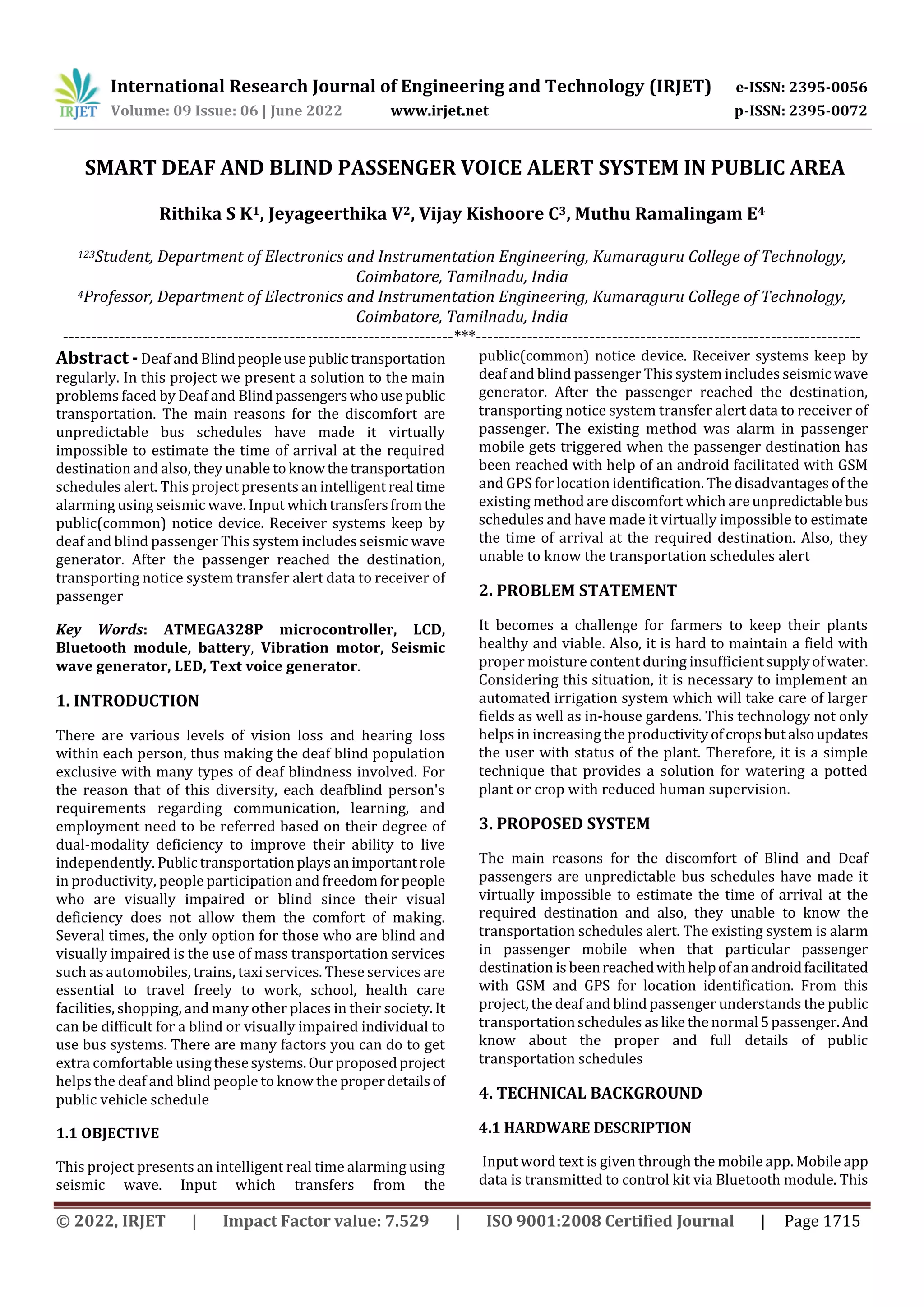 SMART DEAF AND BLIND PASSENGER VOICE ALERT SYSTEM IN PUBLIC AREA | PDF