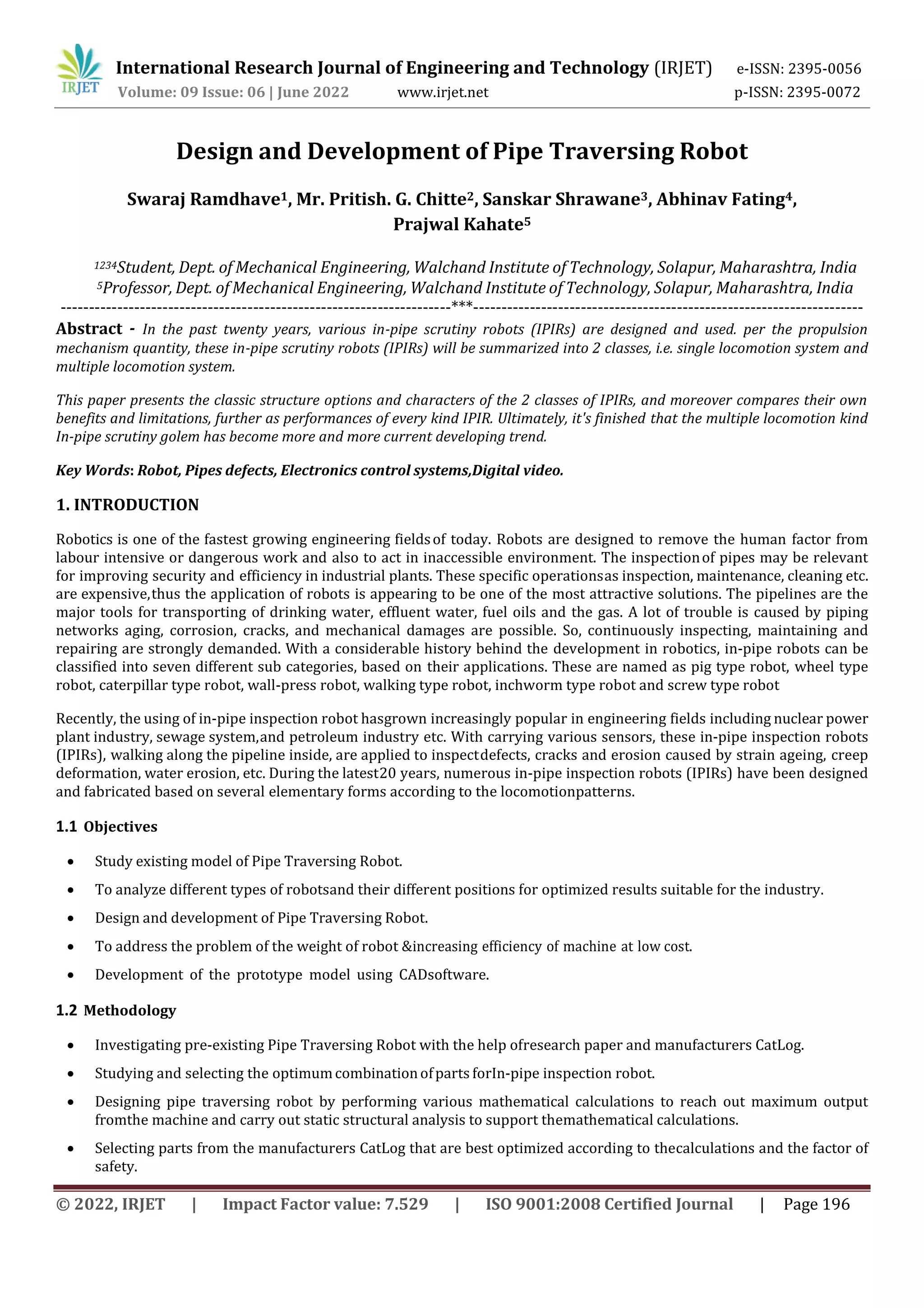 Design and Development of Pipe Traversing Robot | PDF