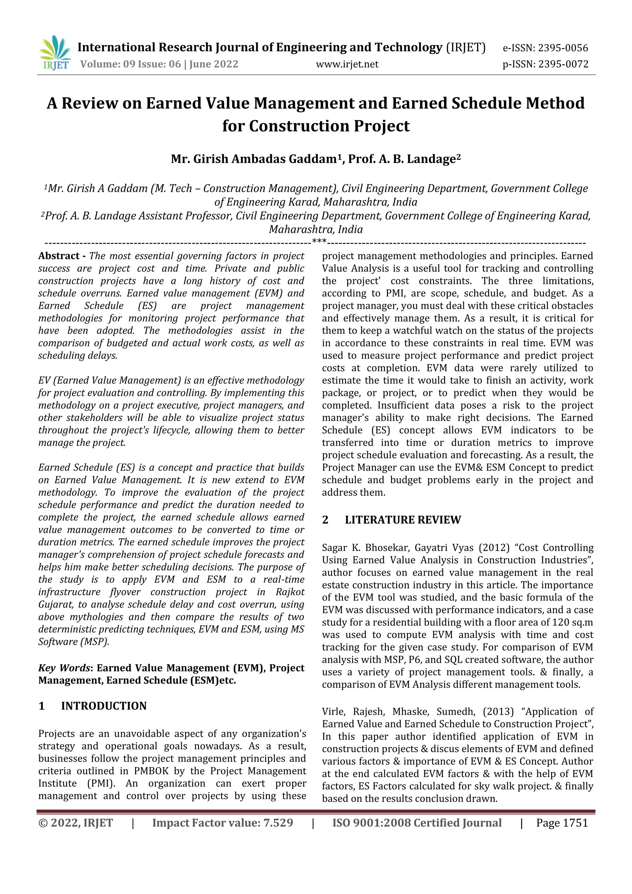 A Review on Earned Value Management and Earned Schedule Method for Construction Project | PDF