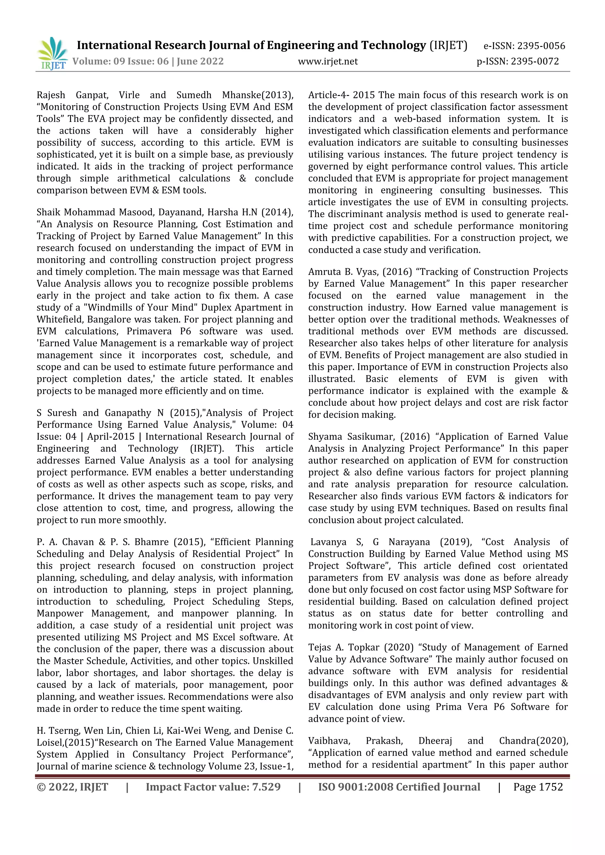 A Review on Earned Value Management and Earned Schedule Method for Construction Project | PDF