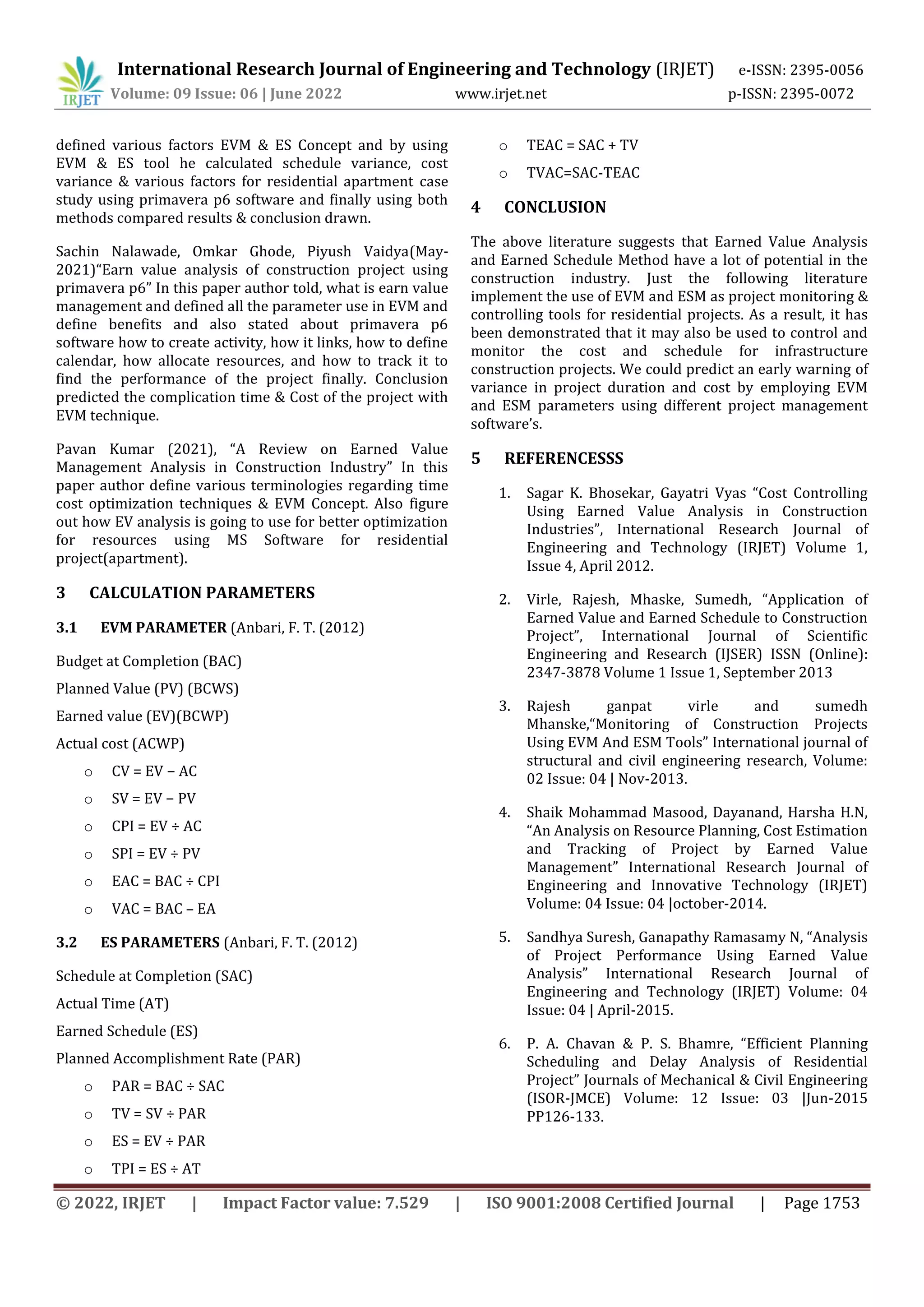 A Review On Earned Value Management And Earned Schedule Method For Construction Project Pdf
