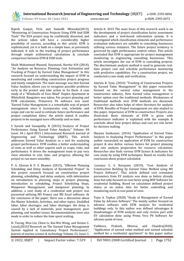 A Review On Earned Value Management And Earned Schedule Method For Construction Project Pdf