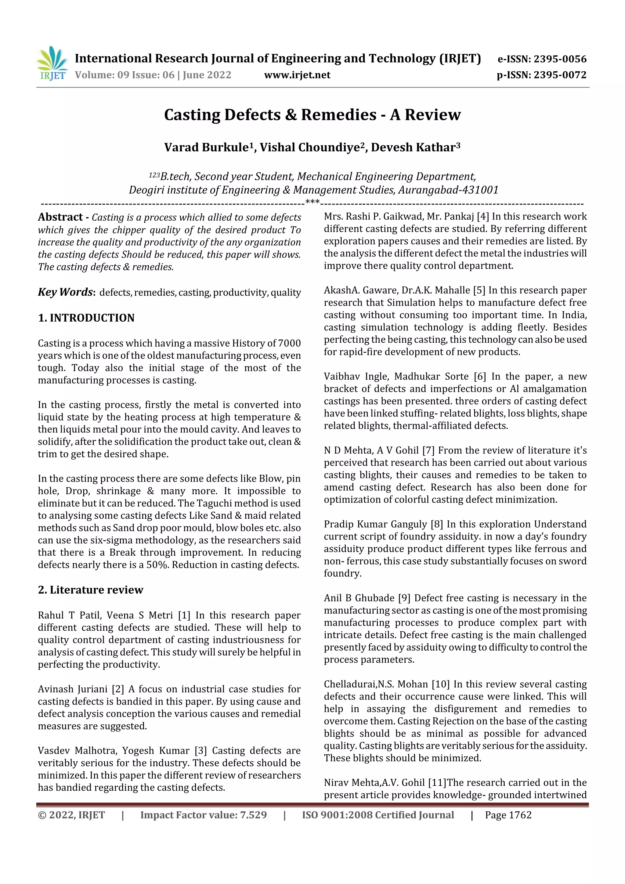 Casting Defects & Remedies - A Review | PDF