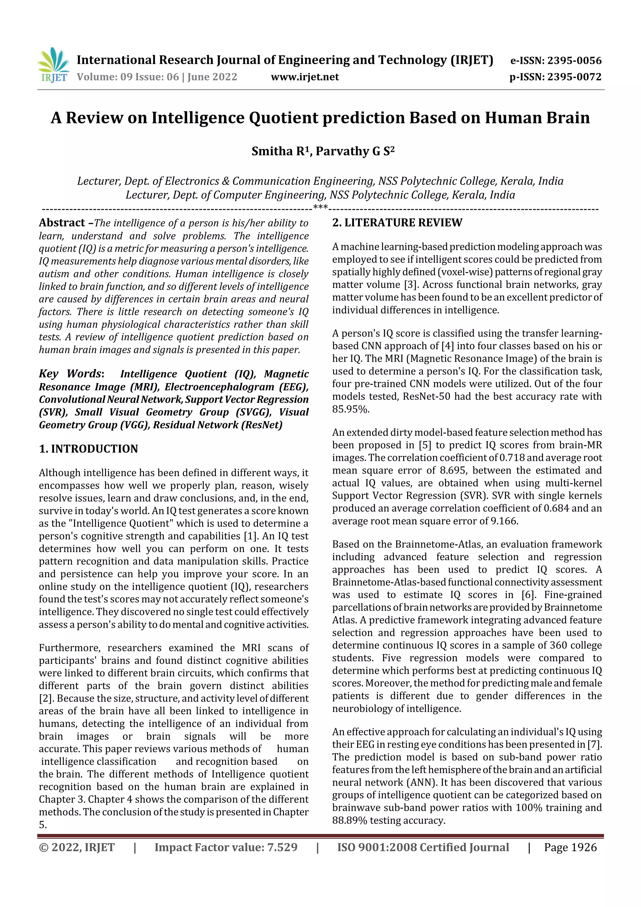 A Review on Intelligence Quotient prediction Based on Human Brain | PDF