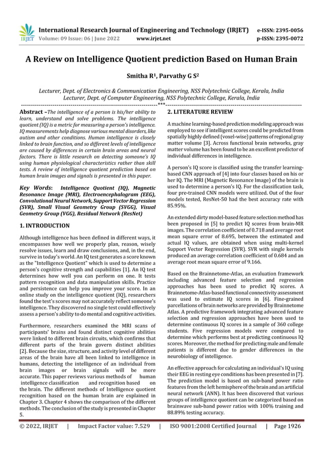 A Review on Intelligence Quotient prediction Based on Human Brain | PDF