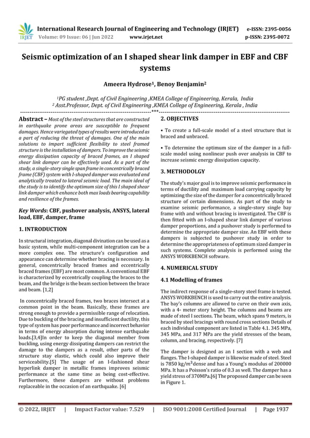 Seismic optimization of an I shaped shear link damper in EBF and CBF ...