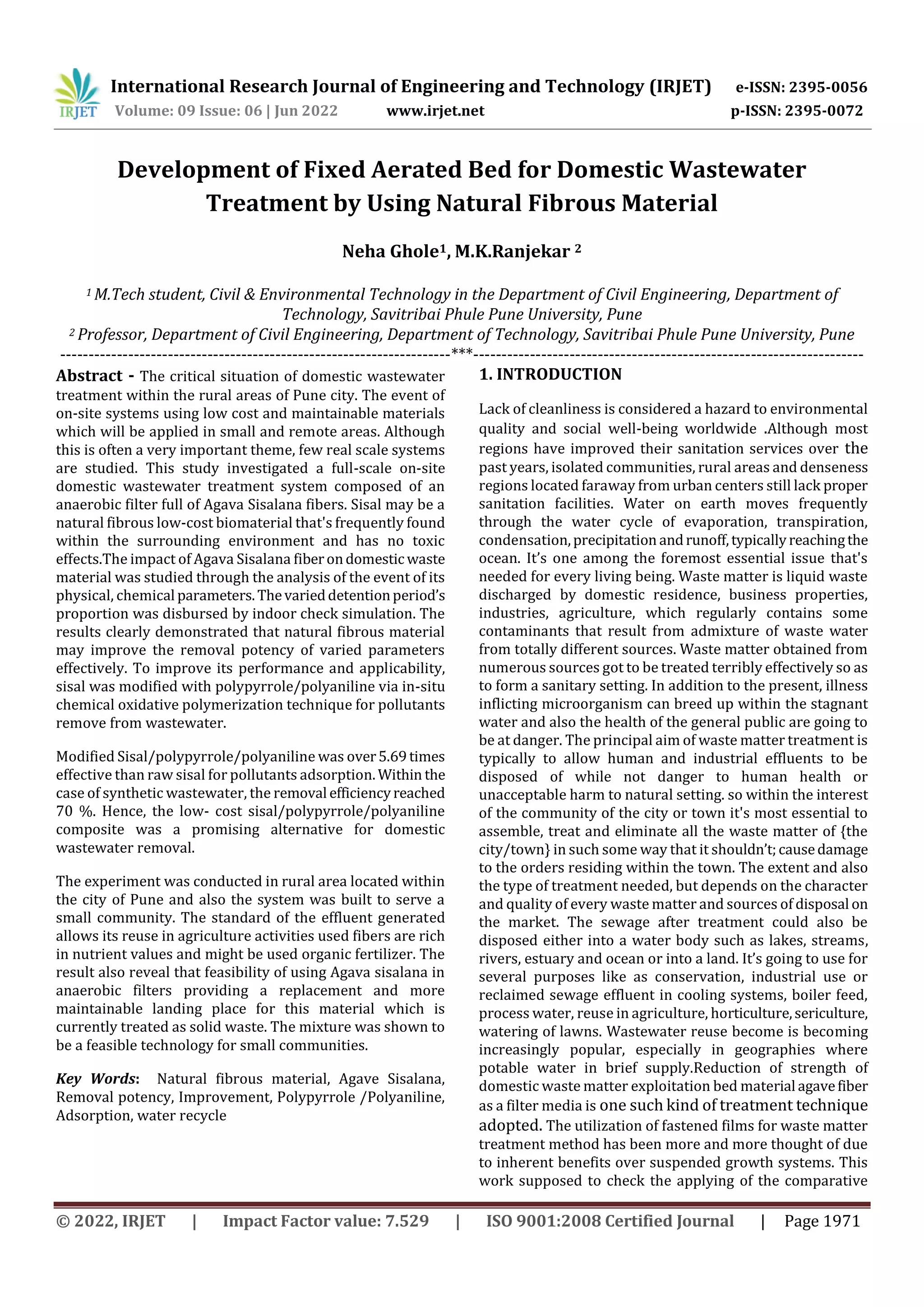 Development of Fixed Aerated Bed for Domestic Wastewater Treatment by Using Natural Fibrous ...