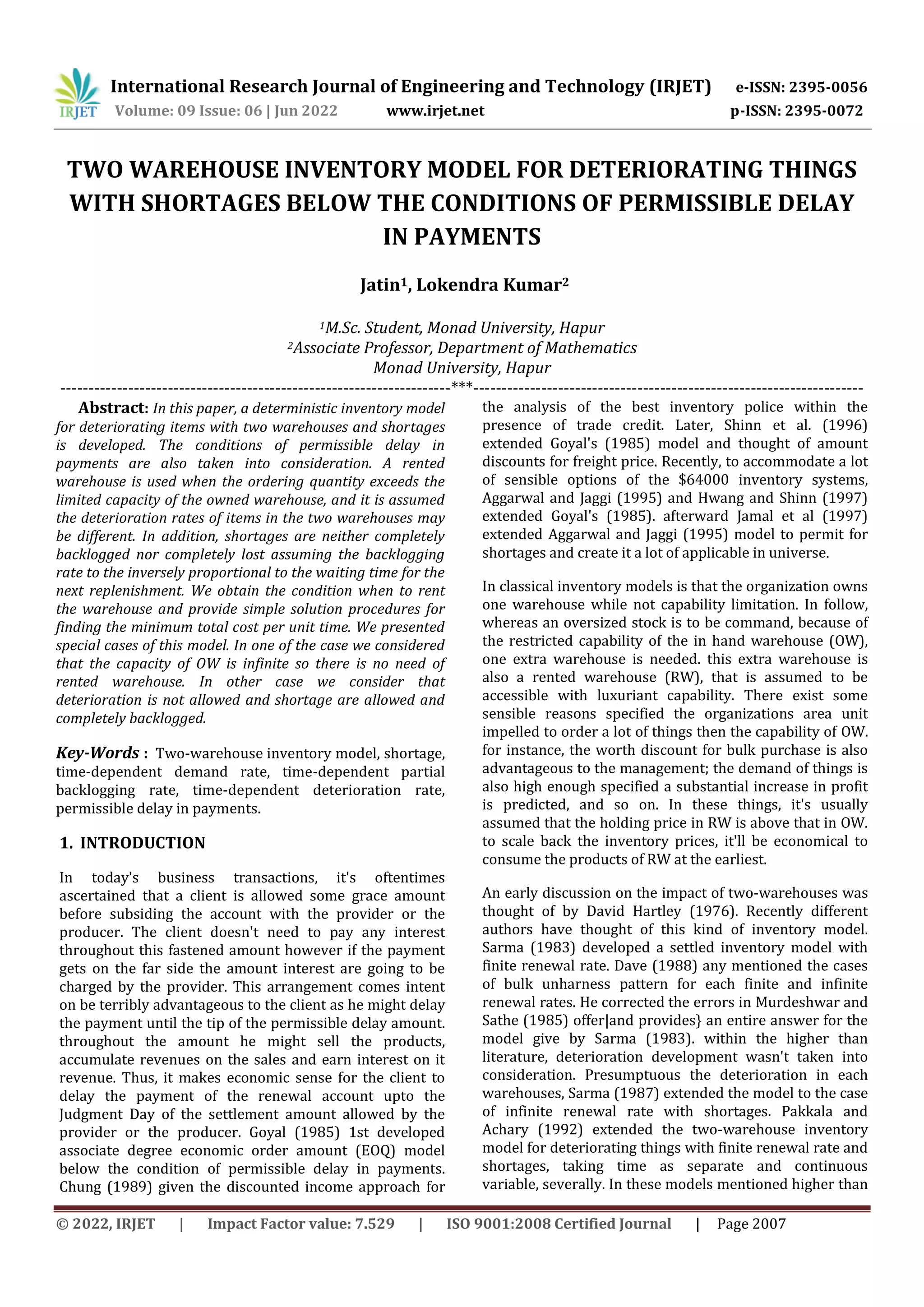 TWO WAREHOUSE INVENTORY MODEL FOR DETERIORATING THINGS WITH SHORTAGES BELOW THE CONDITIONS OF ...