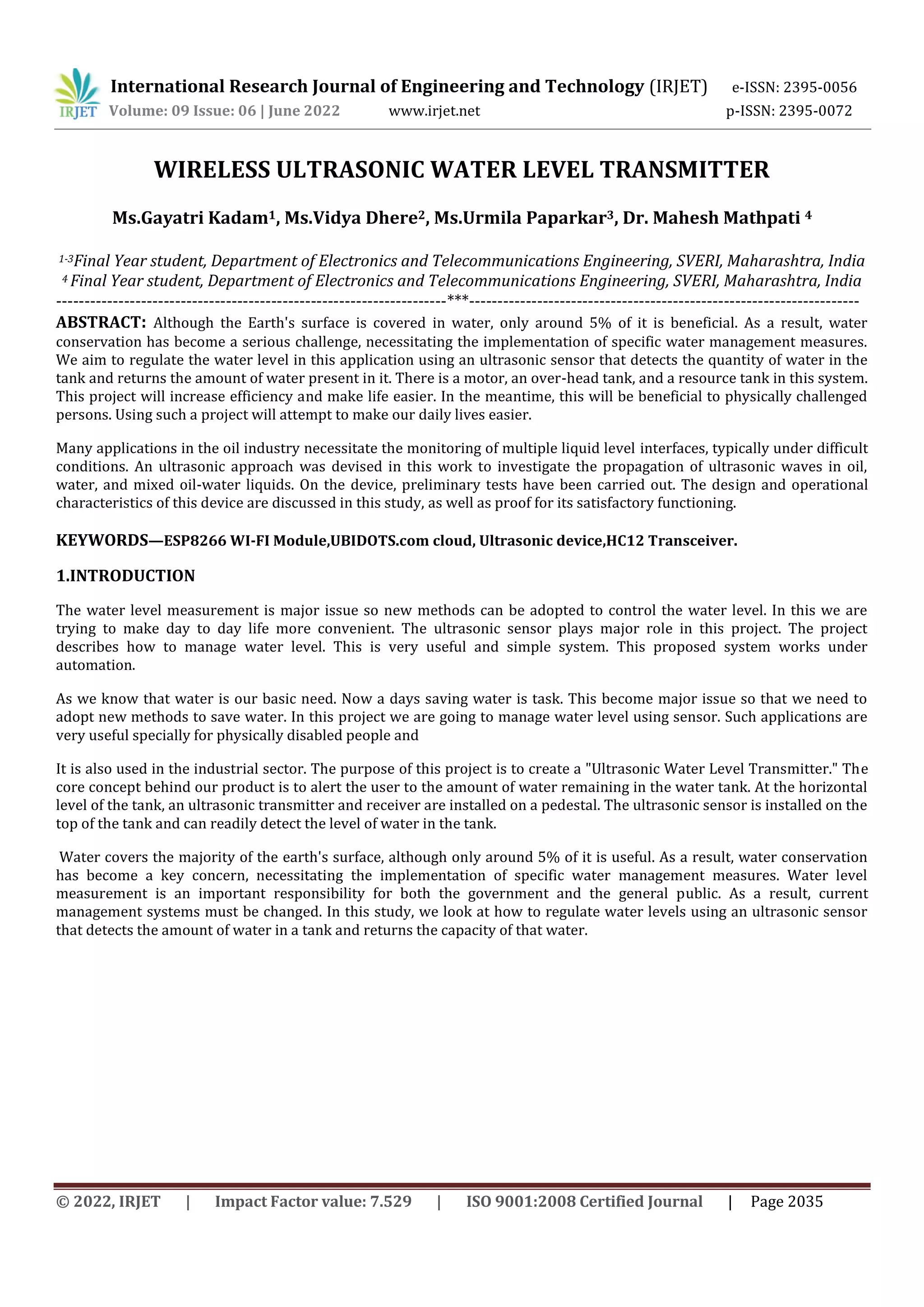 WIRELESS ULTRASONIC WATER LEVEL TRANSMITTER | PDF