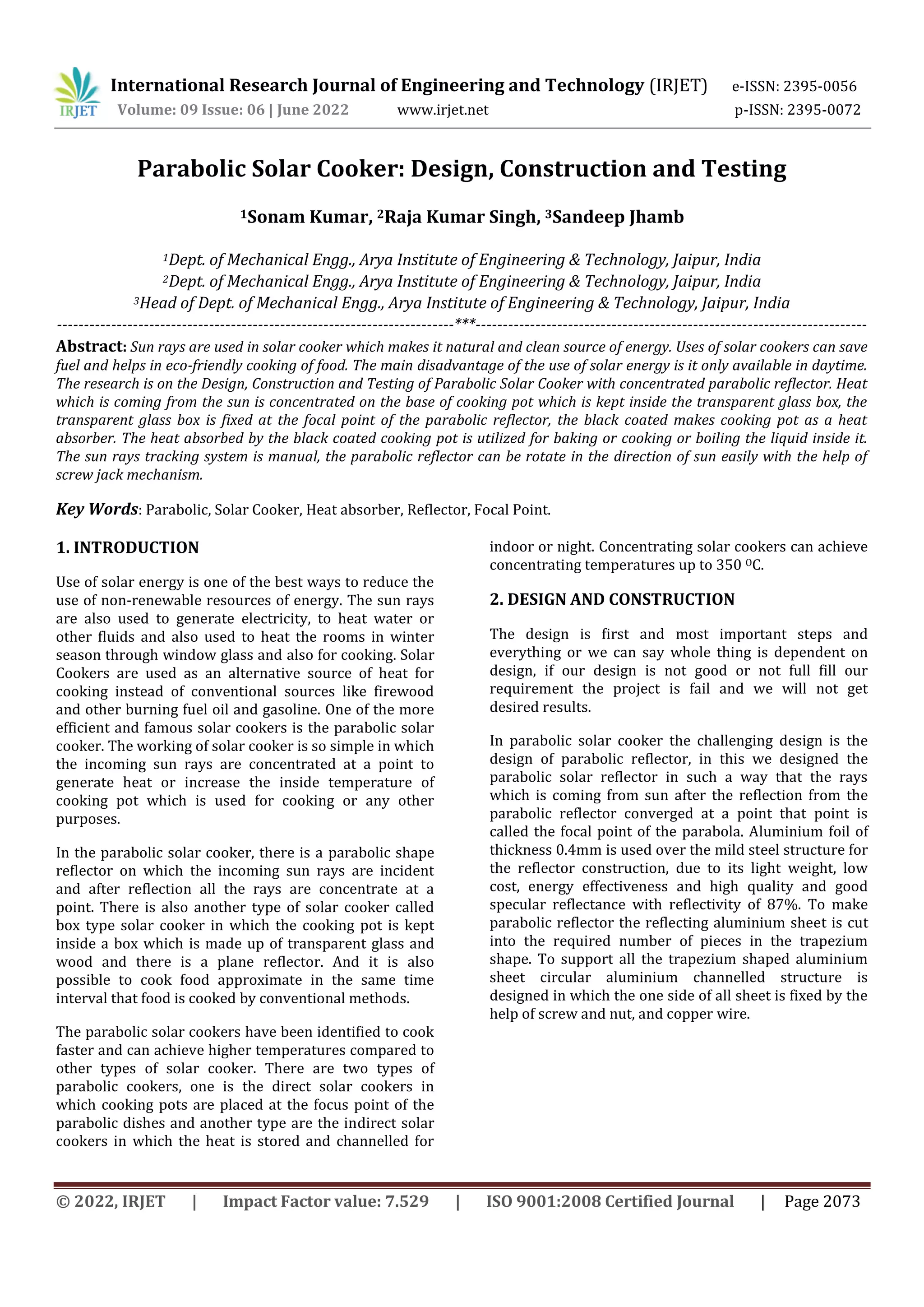 Parabolic Solar Cooker: Design, Construction and Testing | PDF