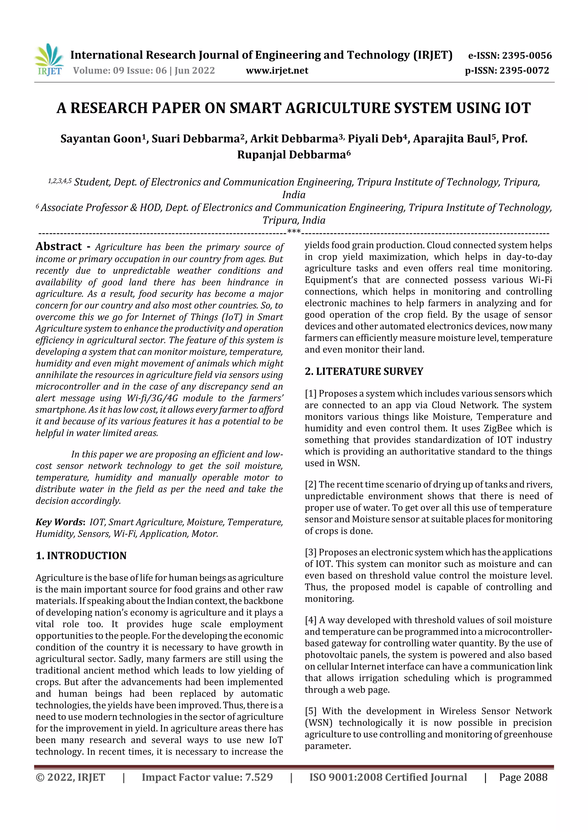 A RESEARCH PAPER ON SMART AGRICULTURE SYSTEM USING IOT | PDF