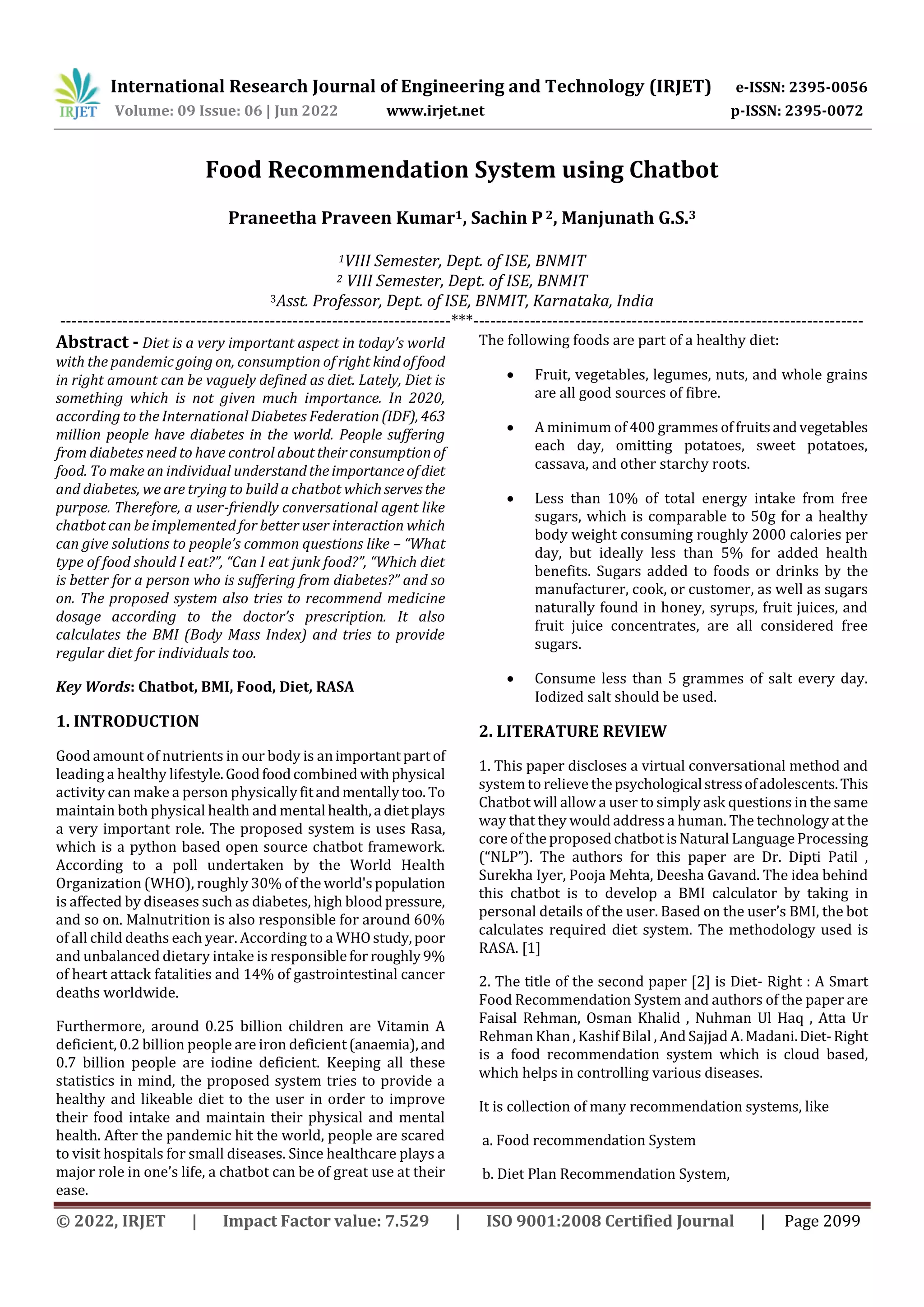 Food Recommendation System using Chatbot | PDF