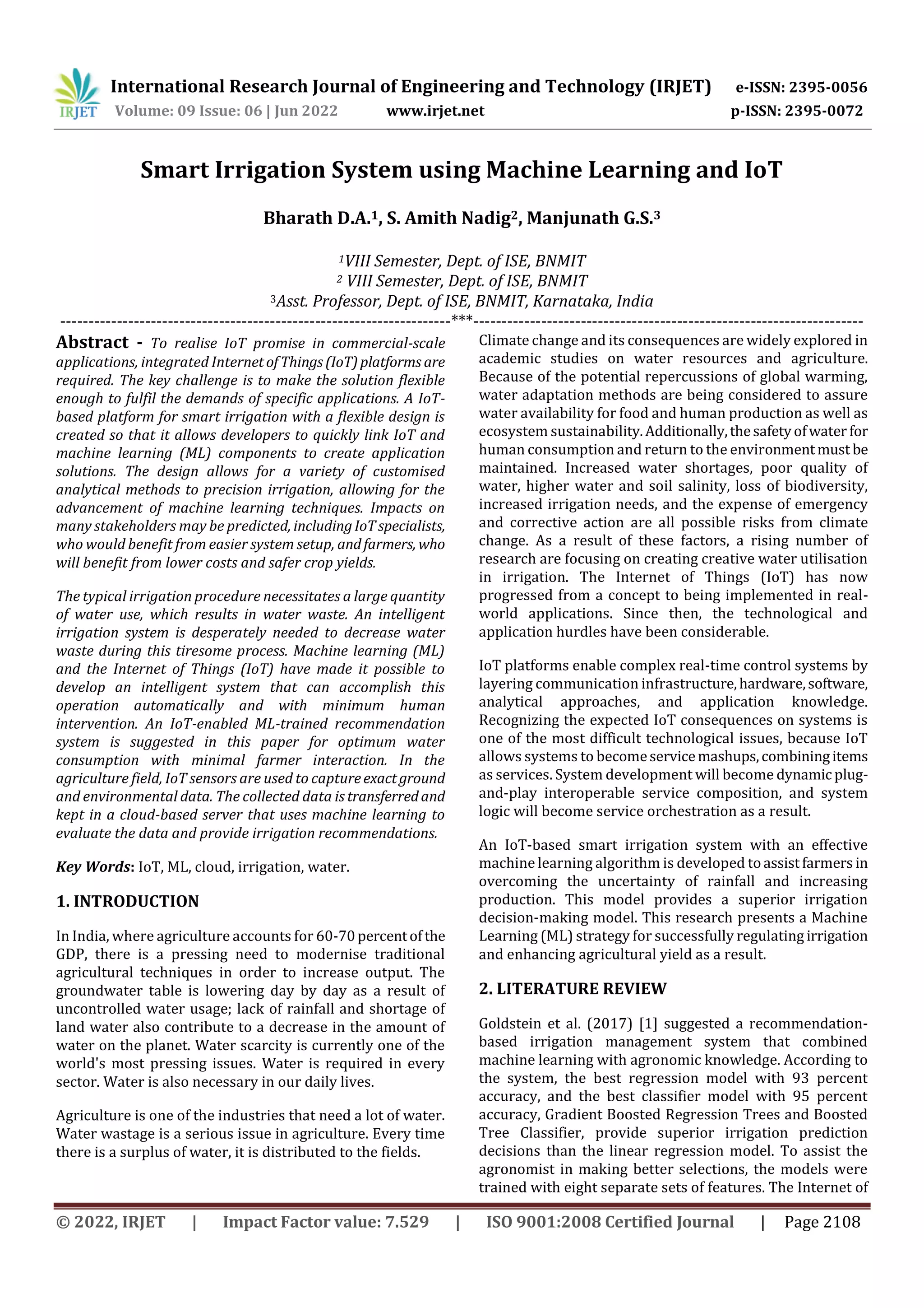 Smart Irrigation System using Machine Learning and IoT | PDF