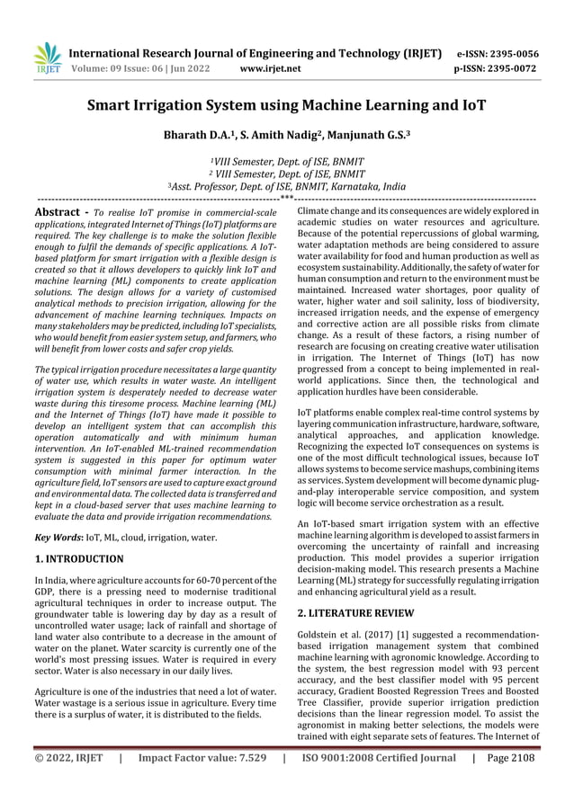 Smart Irrigation System using Machine Learning and IoT | PDF