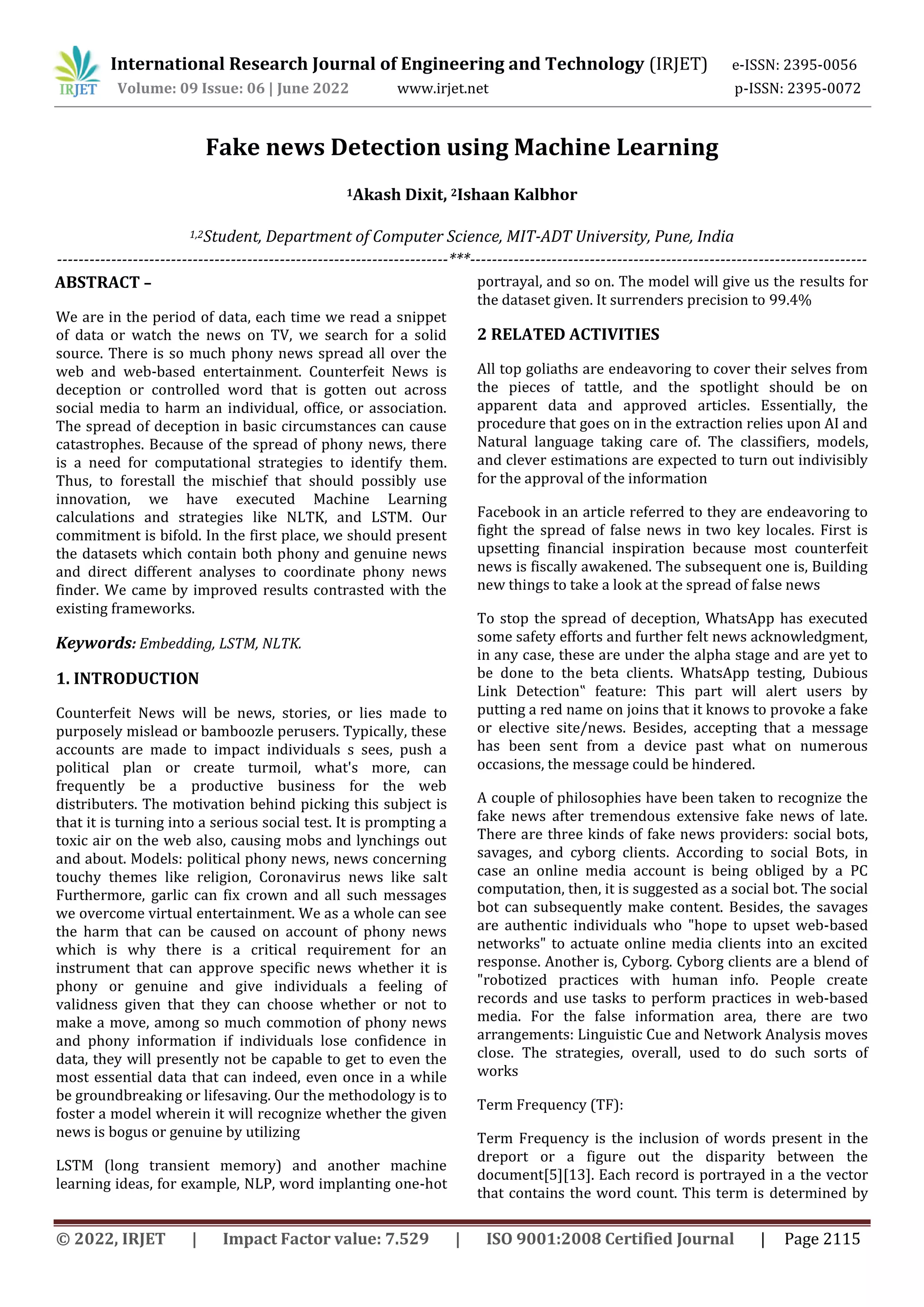 Fake news Detection using Machine Learning | PDF | Computing | Technology & Computing