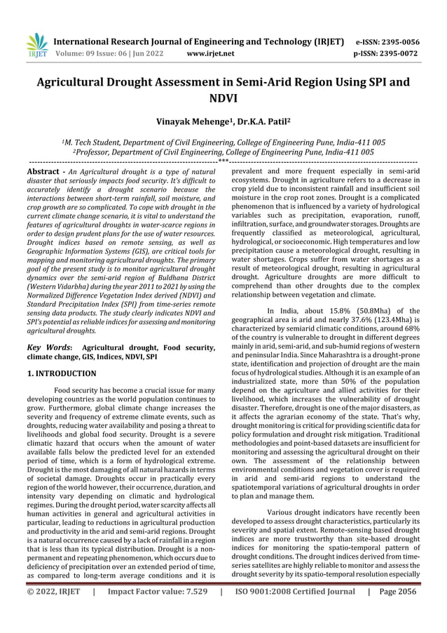 Agricultural Drought Assessment in Semi-Arid Region Using SPI and NDVI | PDF