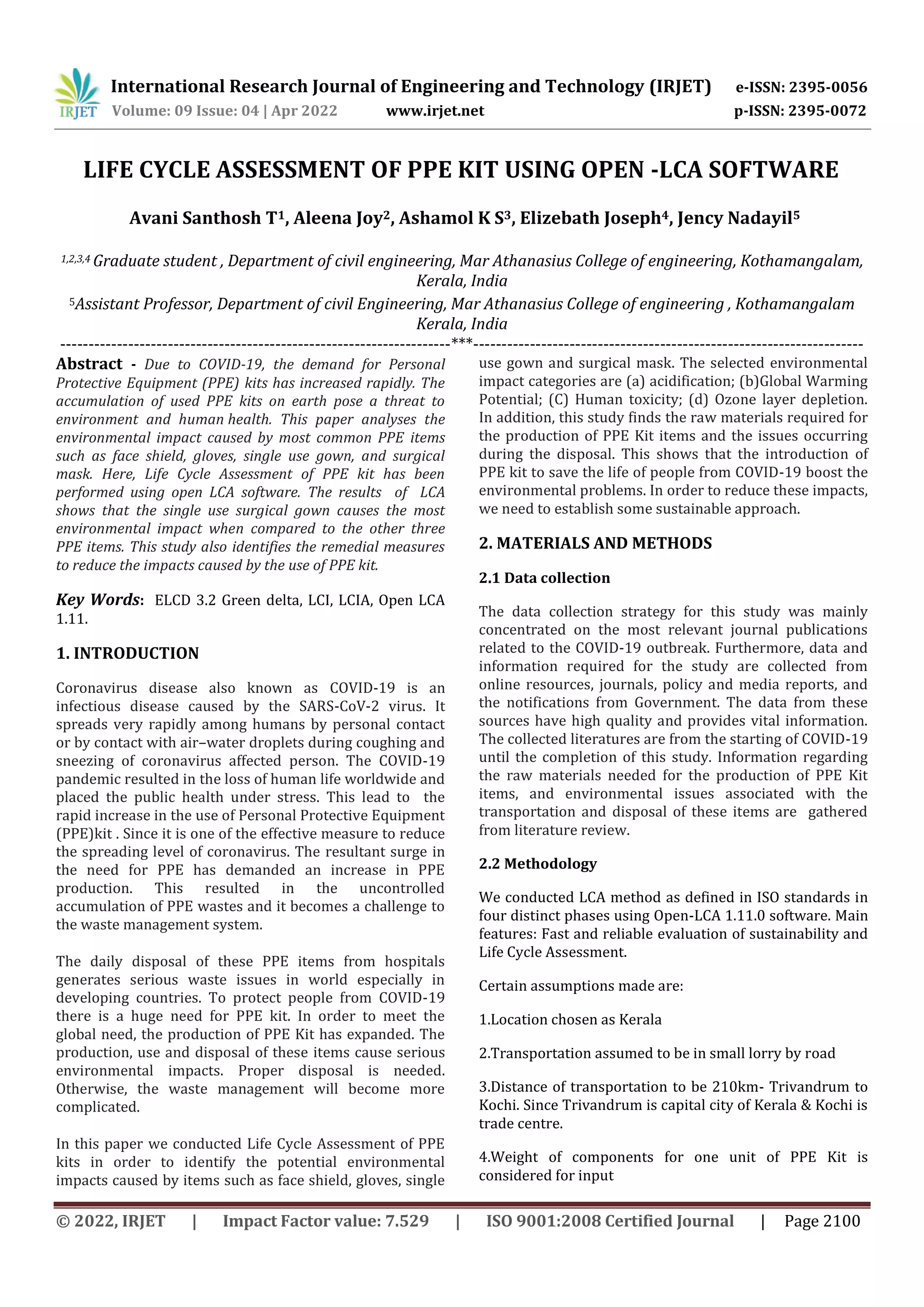 LIFE CYCLE ASSESSMENT OF PPE KIT USING OPEN -LCA SOFTWARE | PDF | Infectious Diseases | Diseases ...