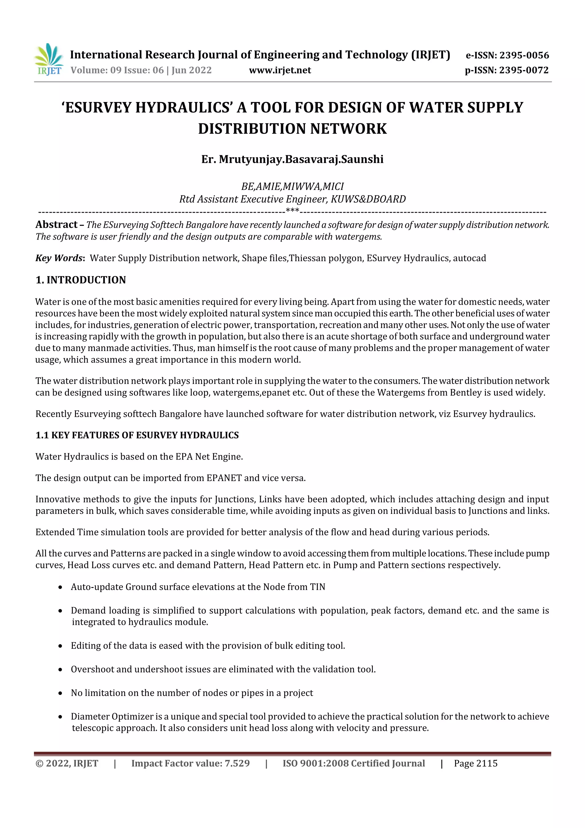 ‘ESURVEY HYDRAULICS’ A TOOL FOR DESIGN OF WATER SUPPLY DISTRIBUTION NETWORK | PDF | Computer ...