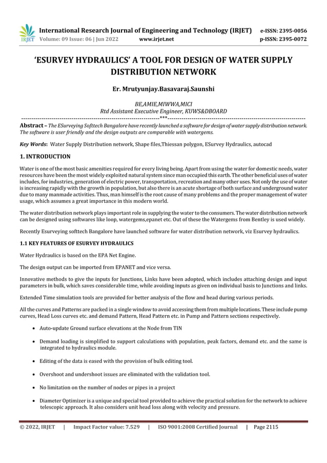 ‘ESURVEY HYDRAULICS’ A TOOL FOR DESIGN OF WATER SUPPLY DISTRIBUTION NETWORK | PDF | Computer ...