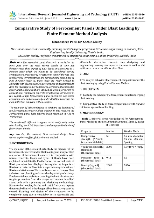 Comparative Study of Ferrocement Panels Under Blast Loading by Finite Element Method Analysis ...