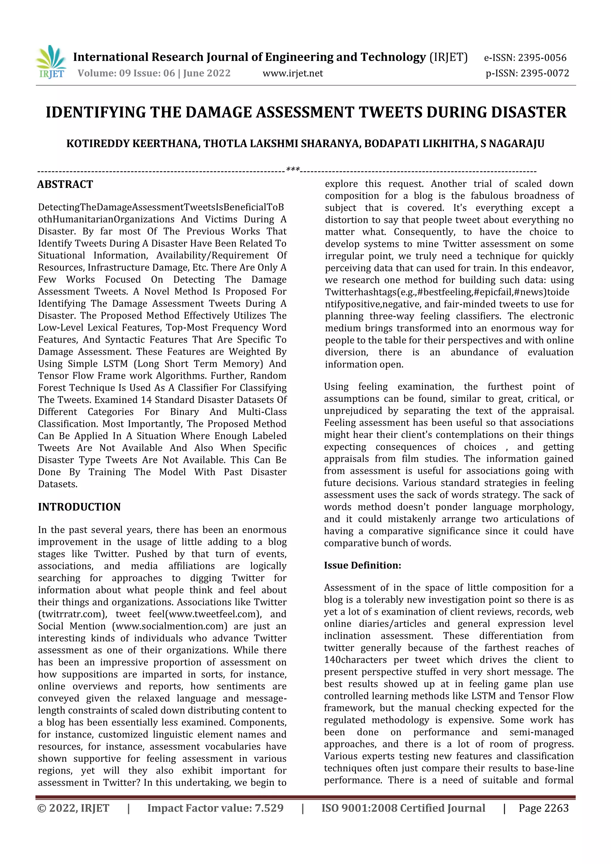 IDENTIFYING THE DAMAGE ASSESSMENT TWEETS DURING DISASTER | PDF