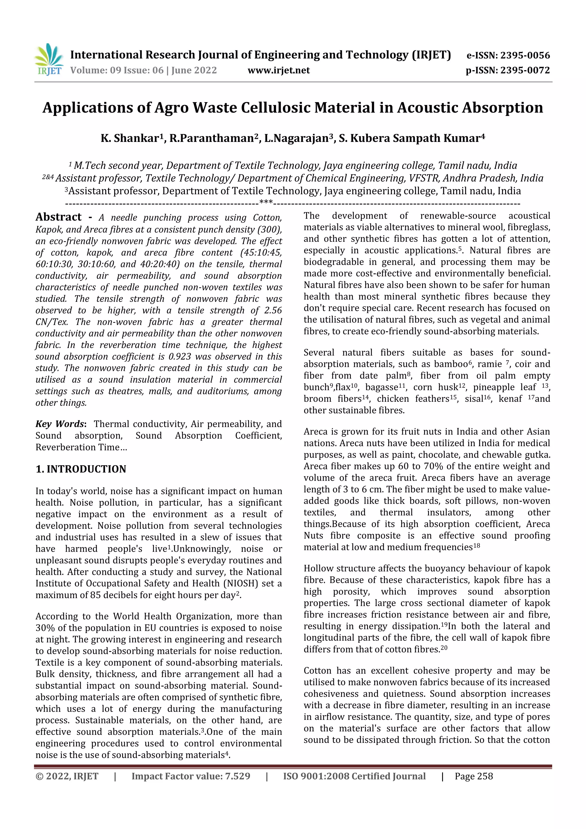 Applications of Agro Waste Cellulosic Material in Acoustic Absorption | PDF