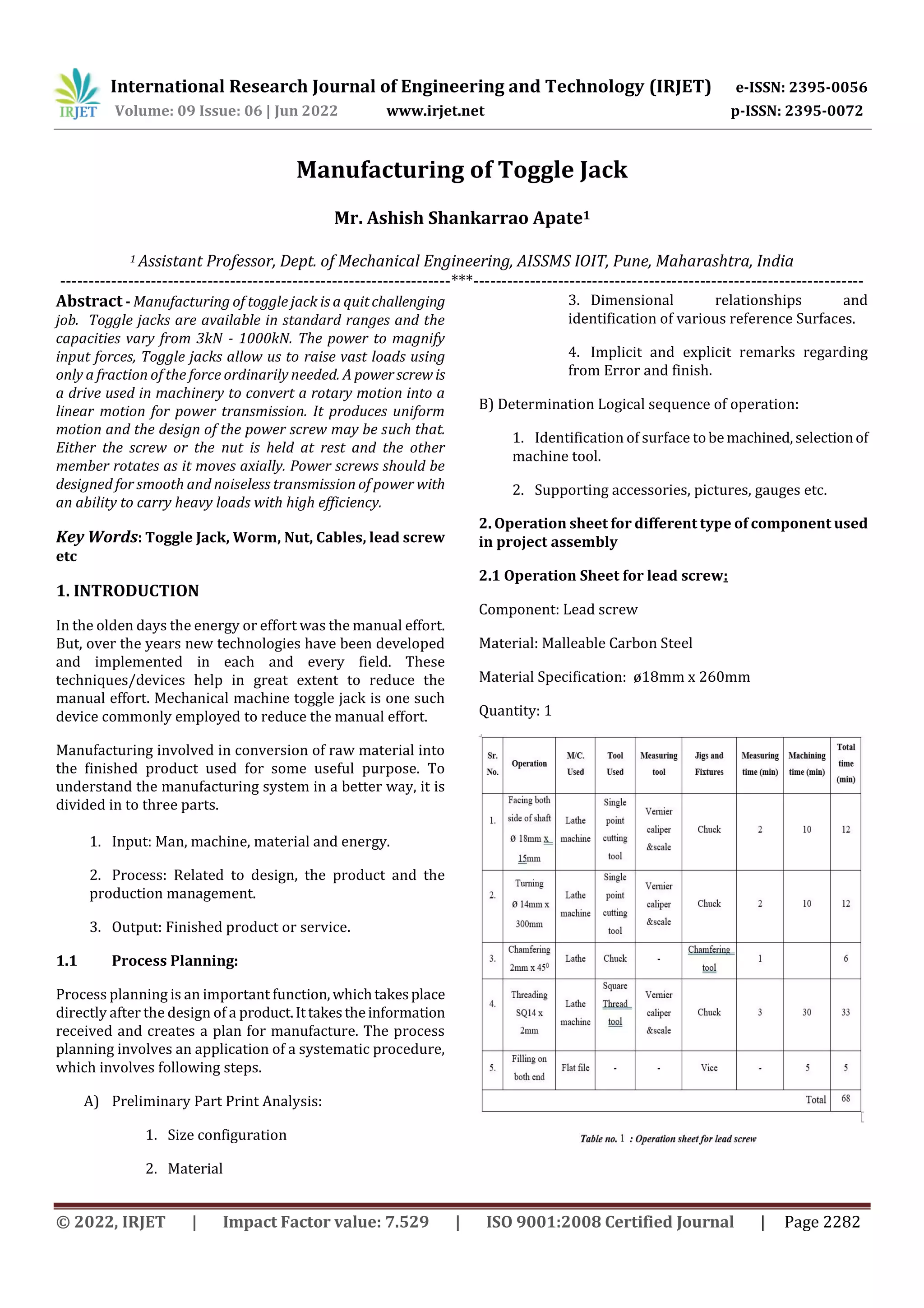 Manufacturing of Toggle Jack | PDF