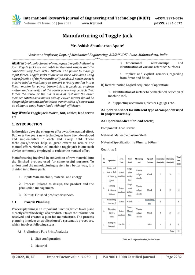 Manufacturing of Toggle Jack | PDF