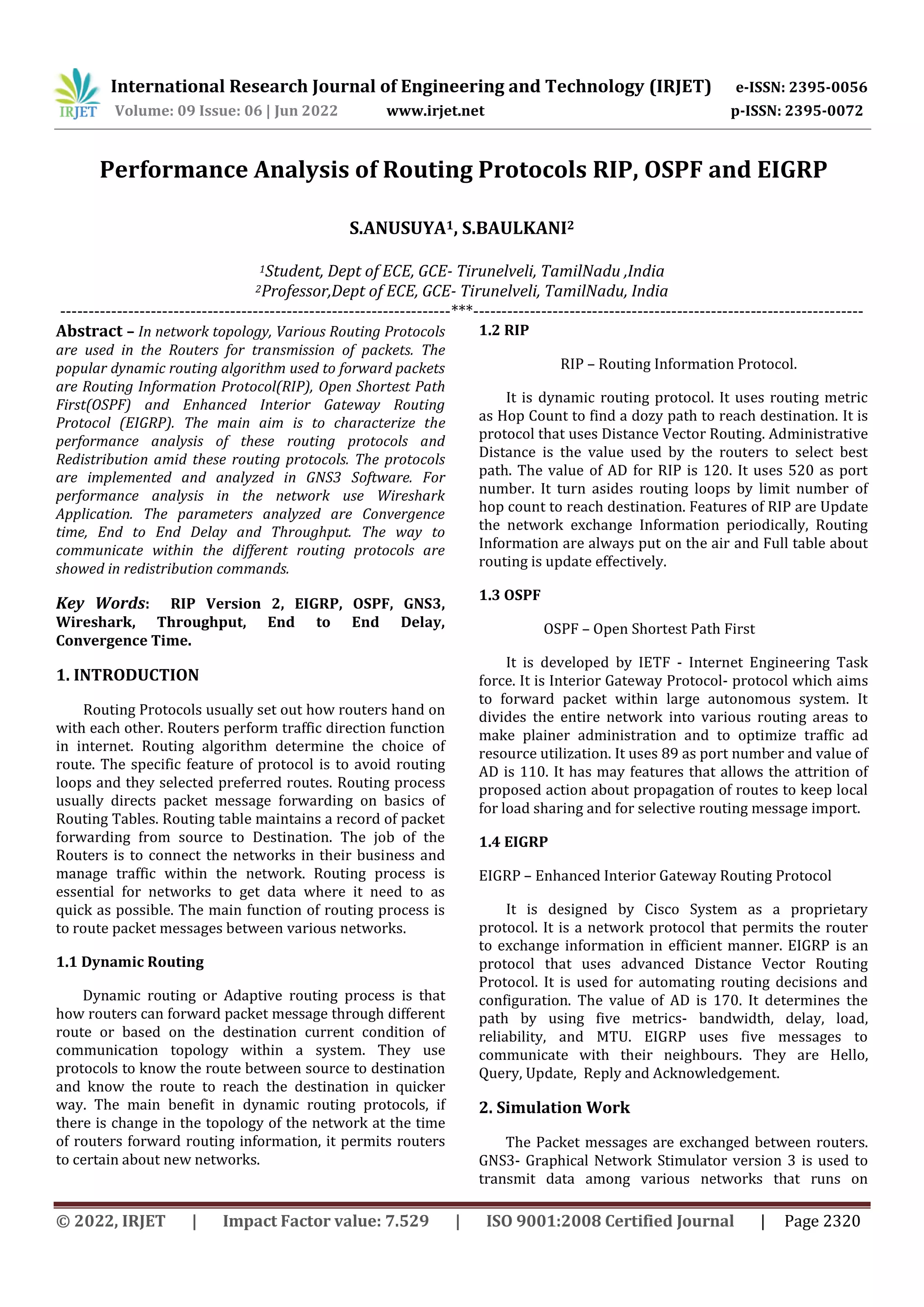 Performance Analysis Of Routing Protocols Rip Ospf And Eigrp Pdf