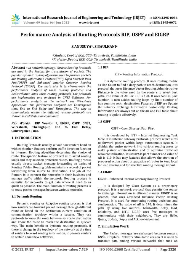 Performance Analysis of Routing Protocols RIP, OSPF and EIGRP | PDF