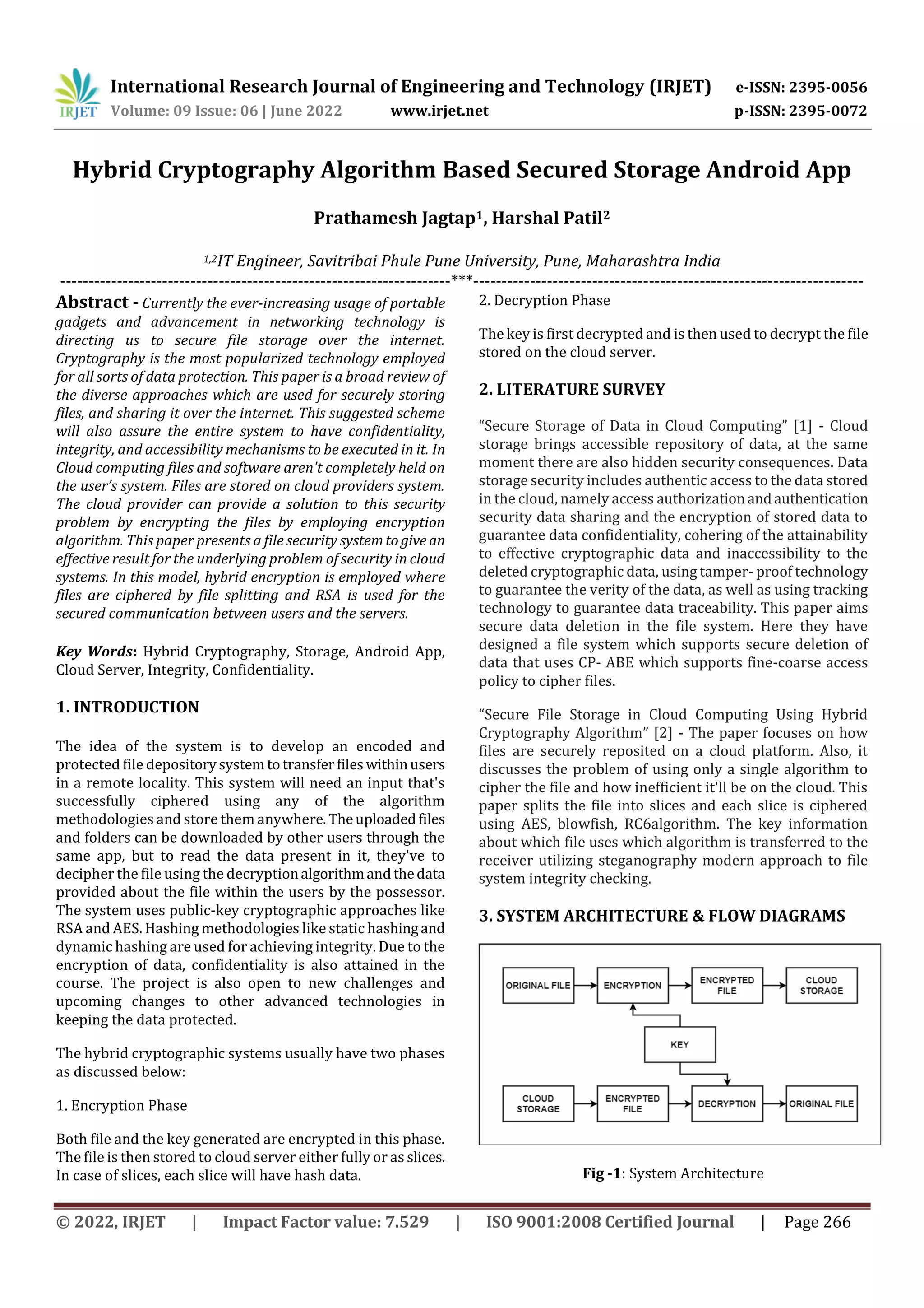 Hybrid Cryptography Algorithm Based Secured Storage Android App Pdf