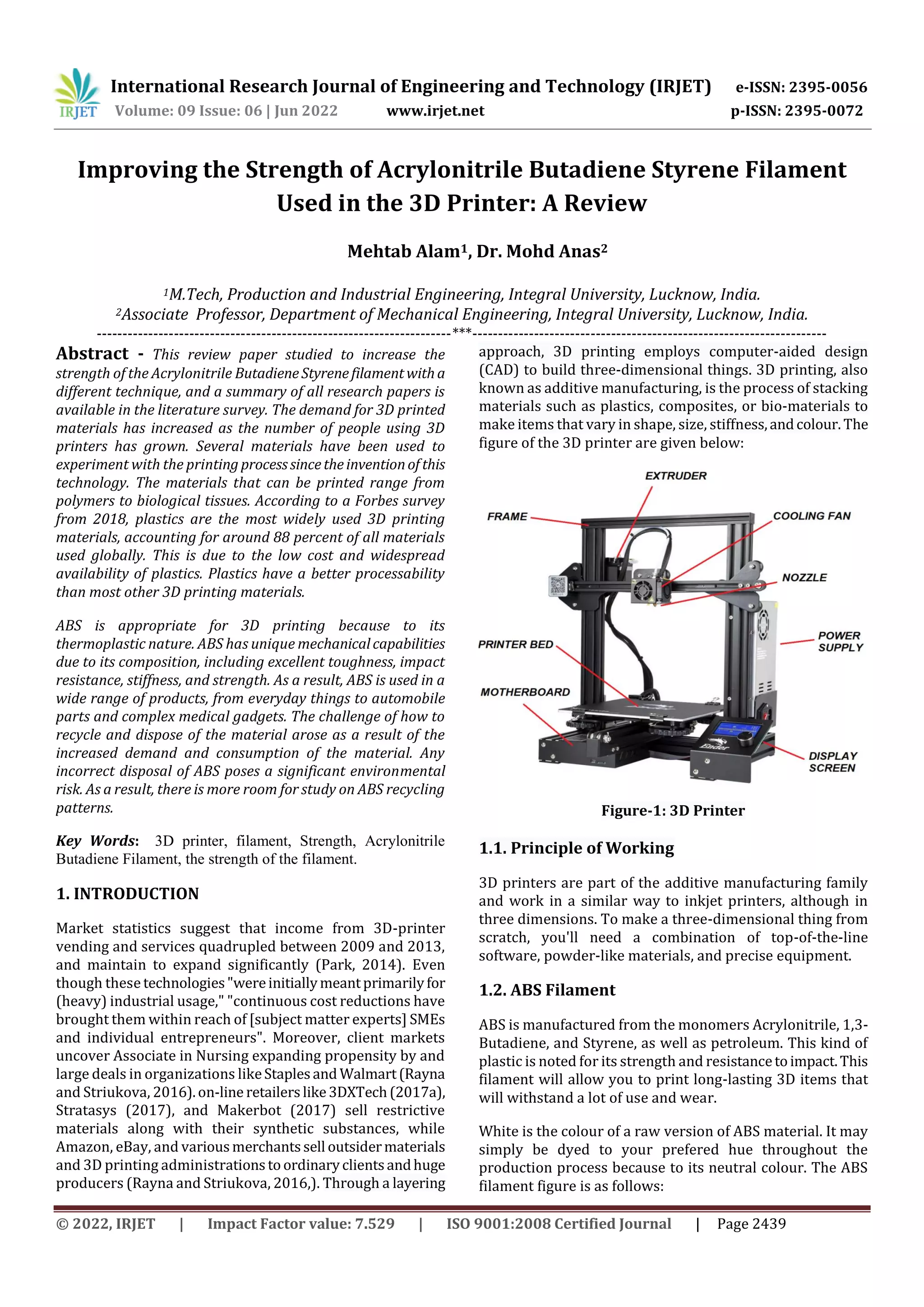 Improving the Strength of Acrylonitrile Butadiene Styrene Filament Used ...