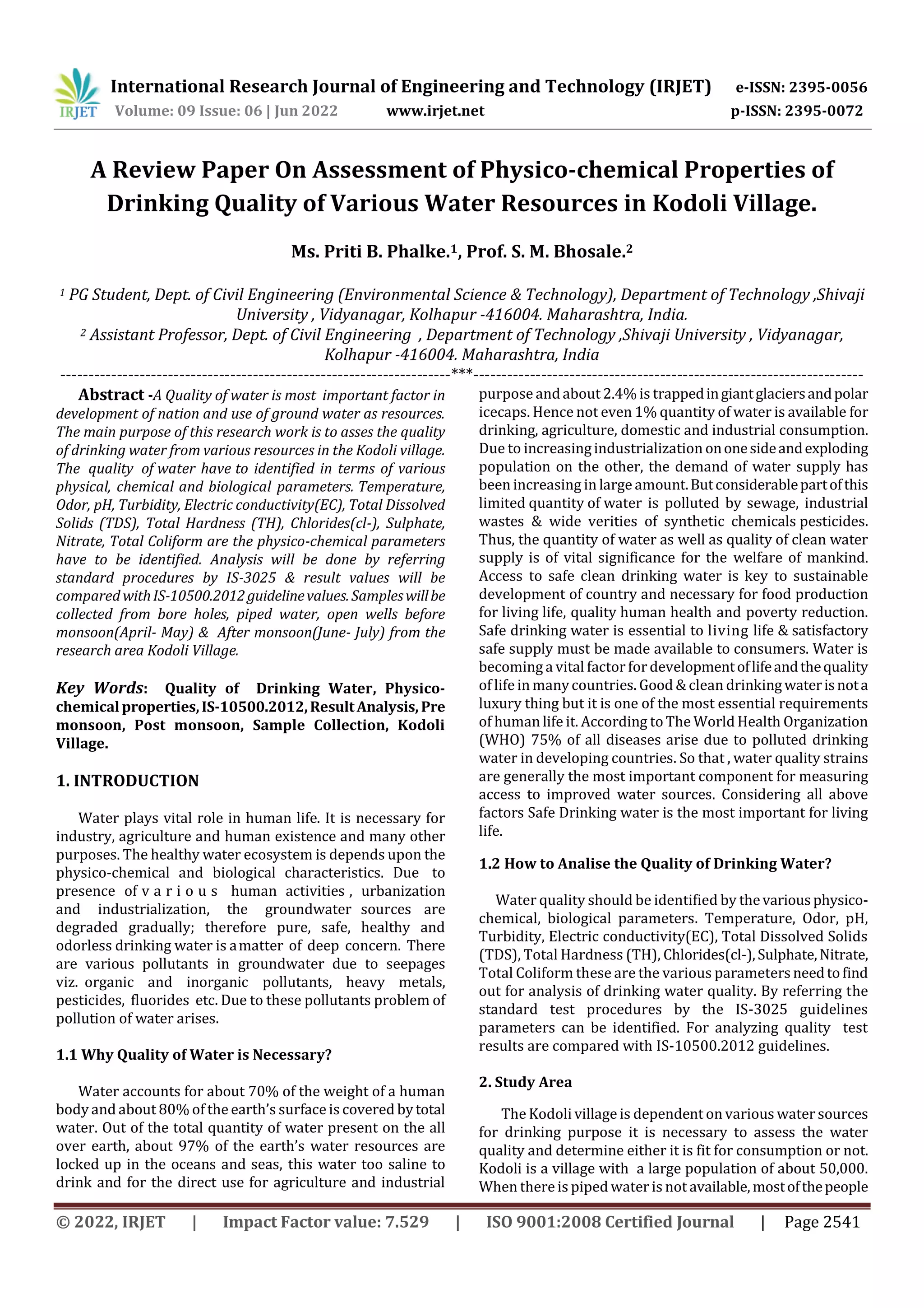 A Review Paper On Assessment of Physico-chemical Properties of Drinking ...