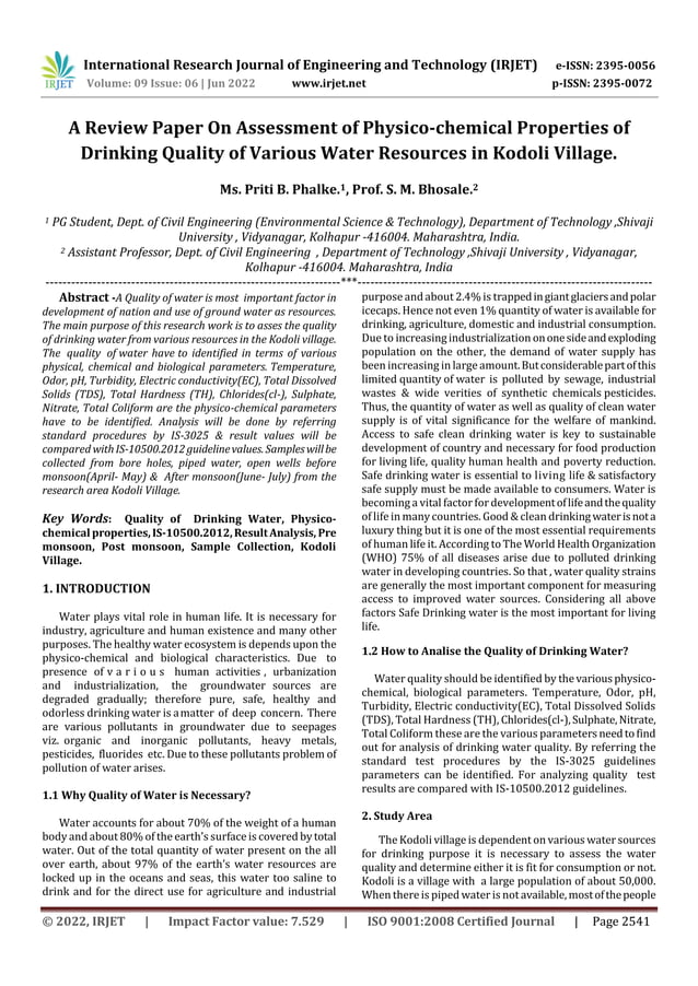 A Review Paper On Assessment of Physico-chemical Properties of Drinking Quality of Various Water ...