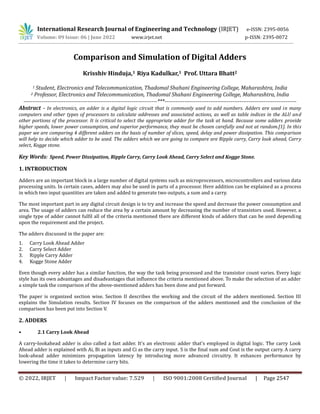 Comparison and Simulation of Digital Adders | PDF