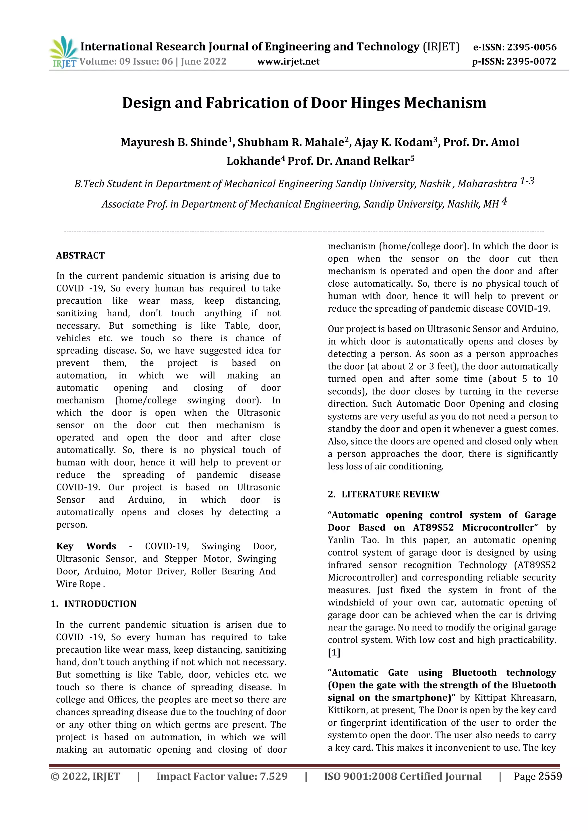 Design and Fabrication of Door Hinges Mechanism | PDF