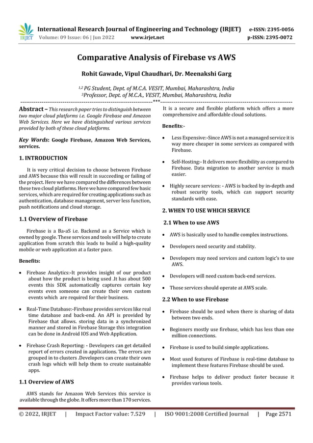 Comparative Analysis of Firebase vs AWS | PDF | Cloud Computing | Internet