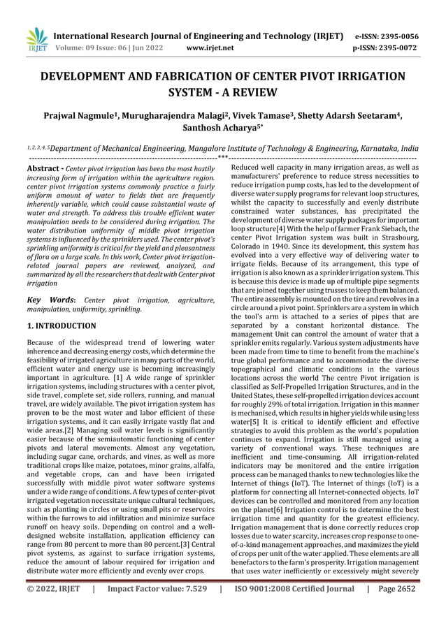 DEVELOPMENT AND FABRICATION OF CENTER PIVOT IRRIGATION SYSTEM - A REVIEW | PDF