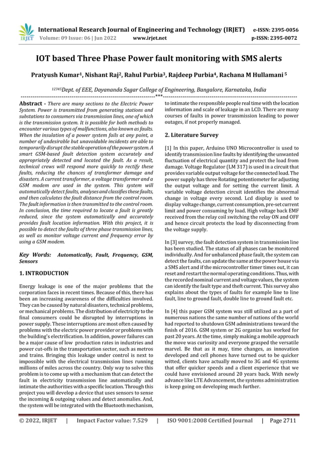 IOT based Three Phase Power fault monitoring with SMS alerts | PDF