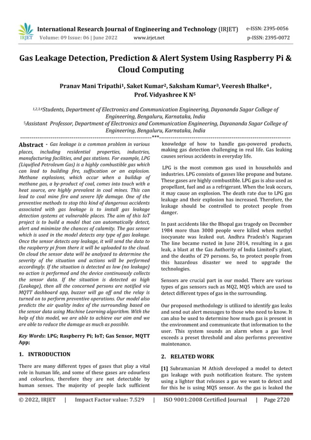 Gas Leakage Detection, Prediction & Alert System Using Raspberry Pi & Cloud Computing | PDF