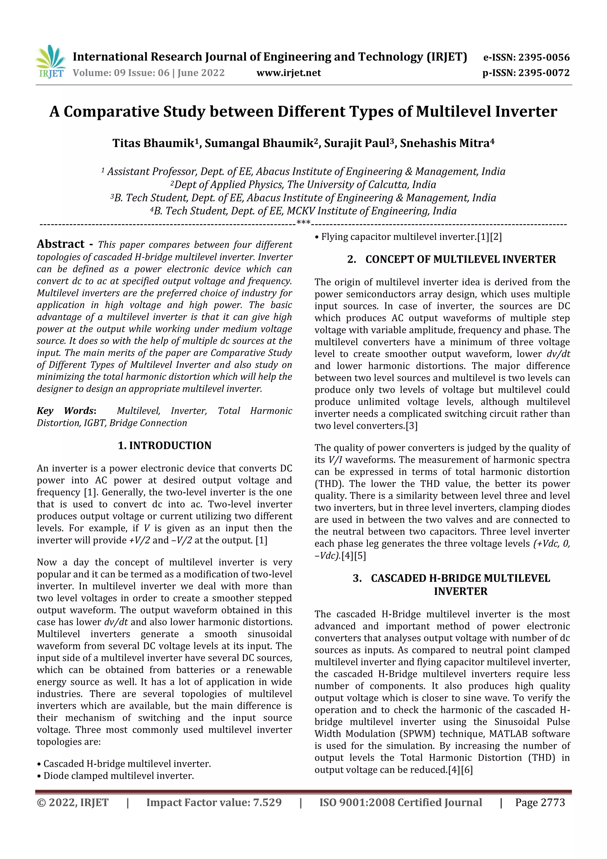 A Comparative Study between Different Types of Multilevel Inverter | PDF