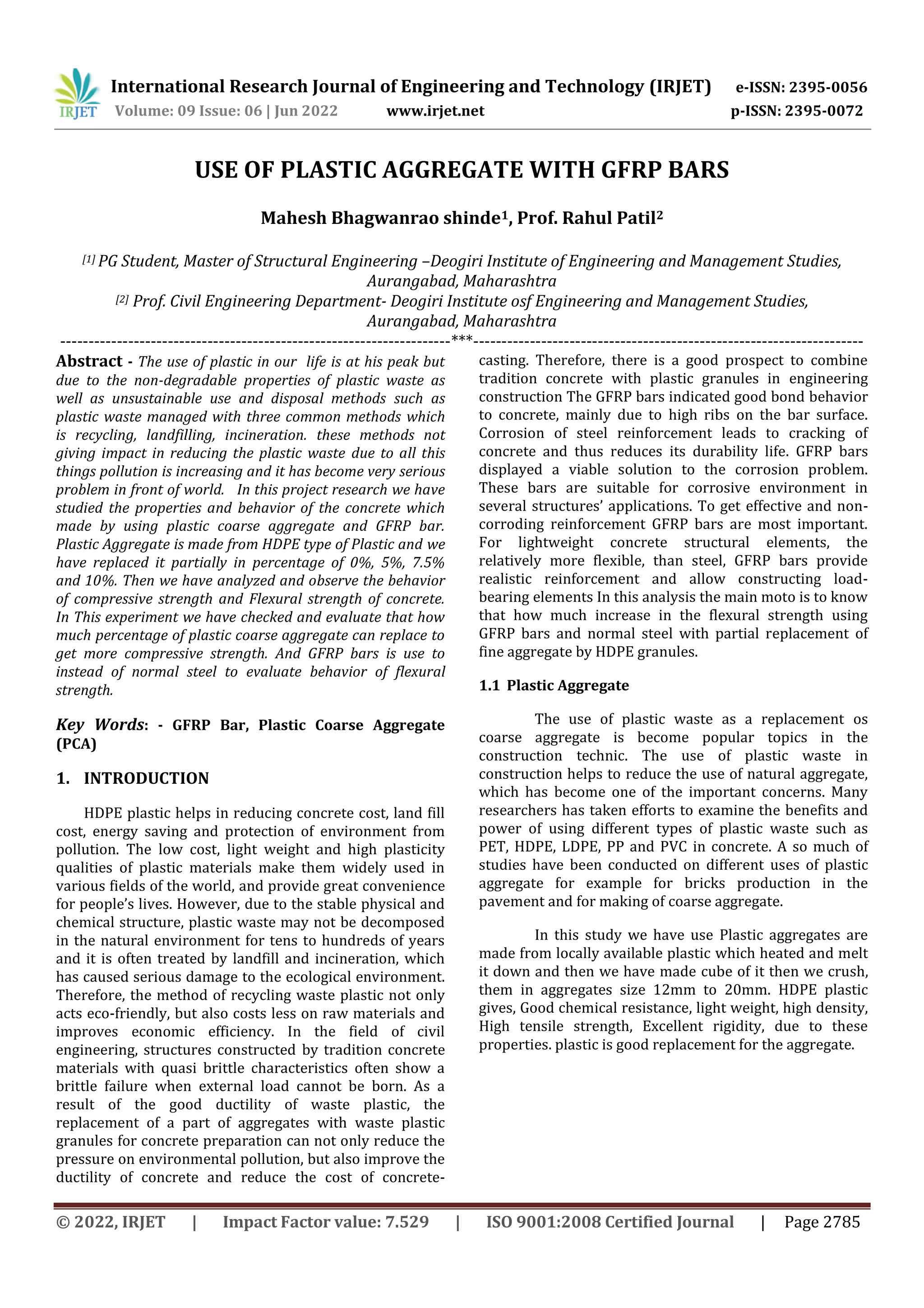 USE OF PLASTIC AGGREGATE WITH GFRP BARS | PDF