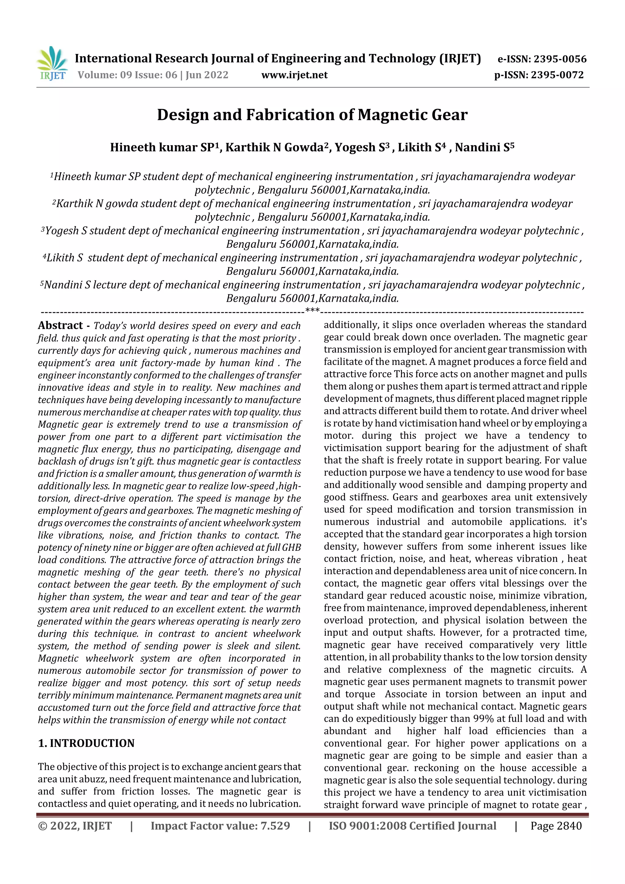 Design and Fabrication of Magnetic Gear | PDF