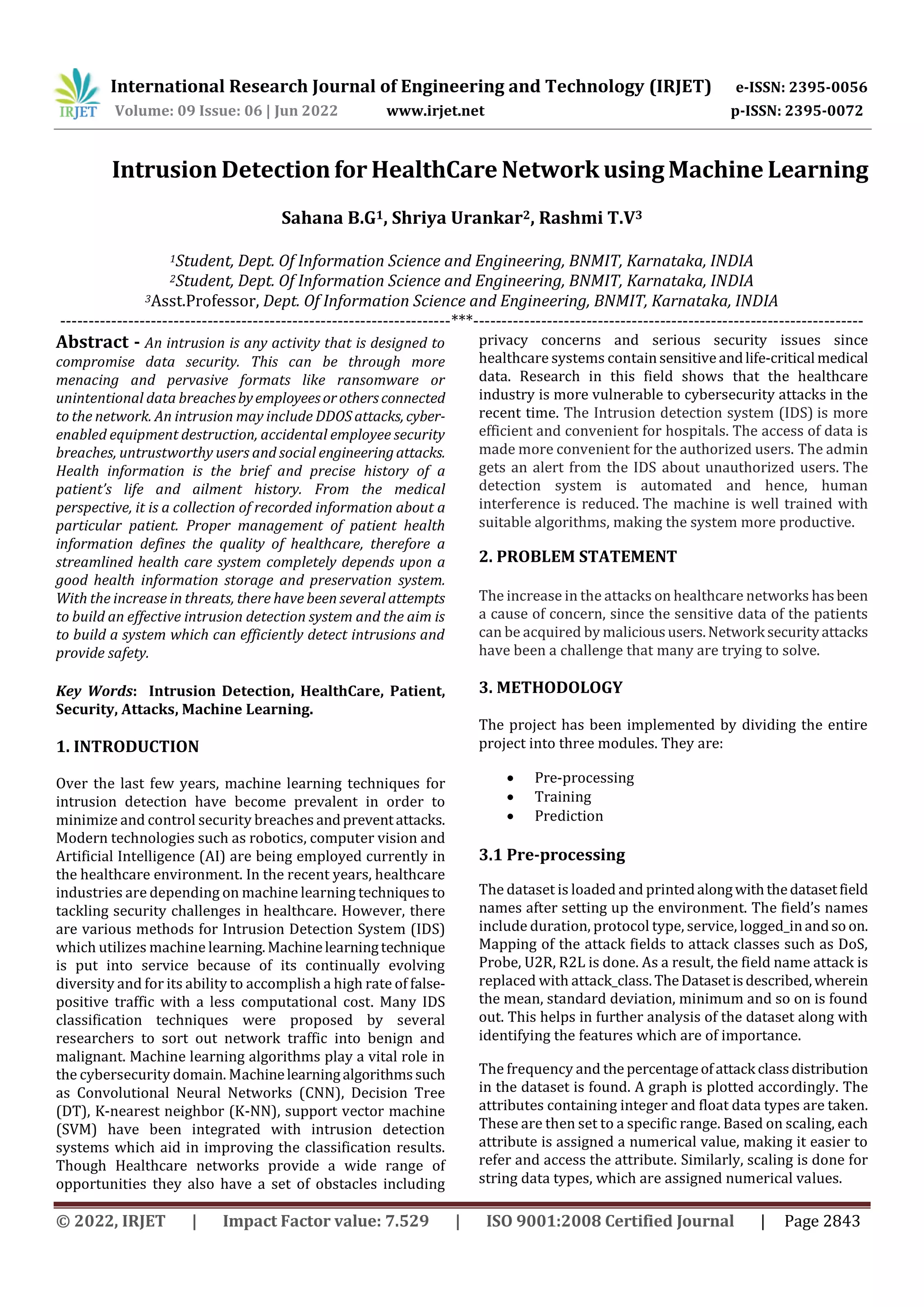 Intrusion Detection For Healthcare Network Using Machine Learning Pdf