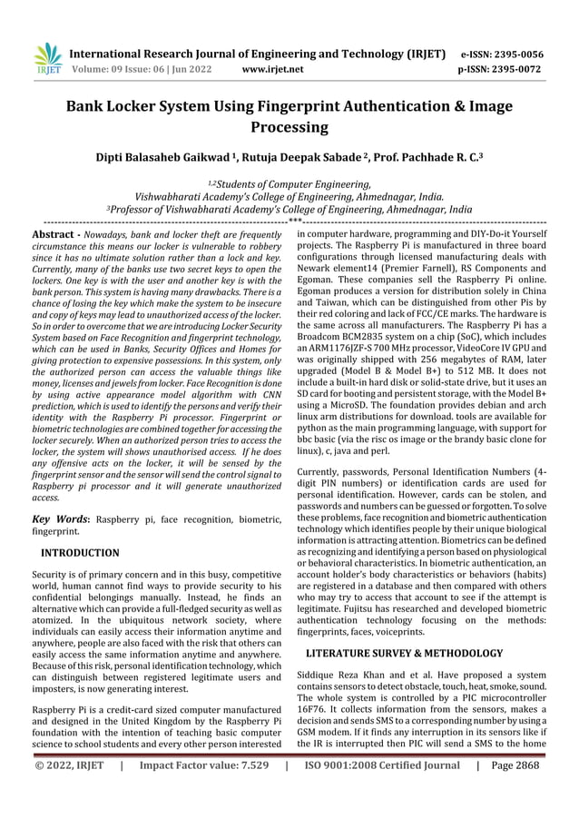 Bank Locker System Using Fingerprint Authentication & Image Processing | PDF