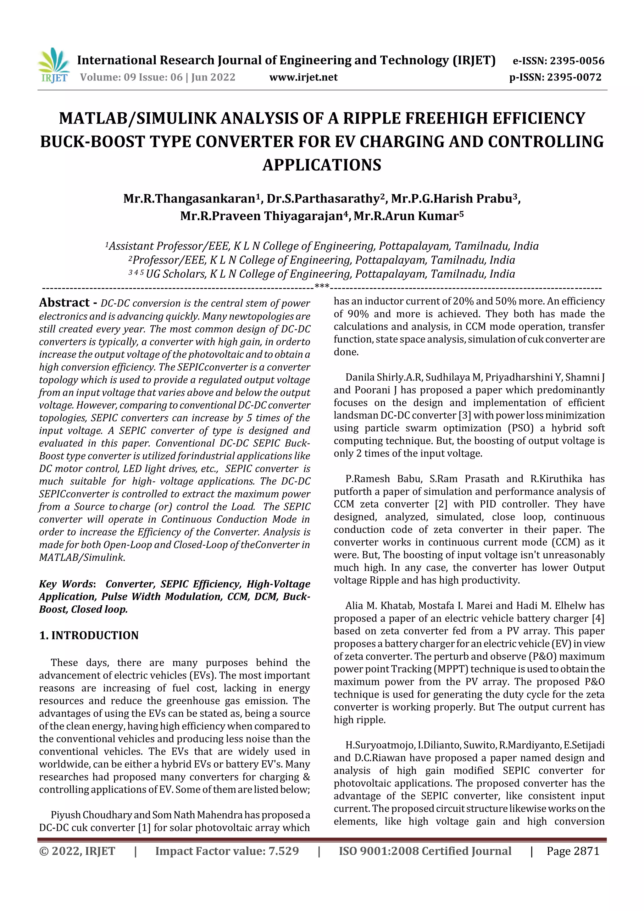 Matlabsimulink Analysis Of A Ripple Freehigh Efficiency Buck Boost Type Converter For Ev 